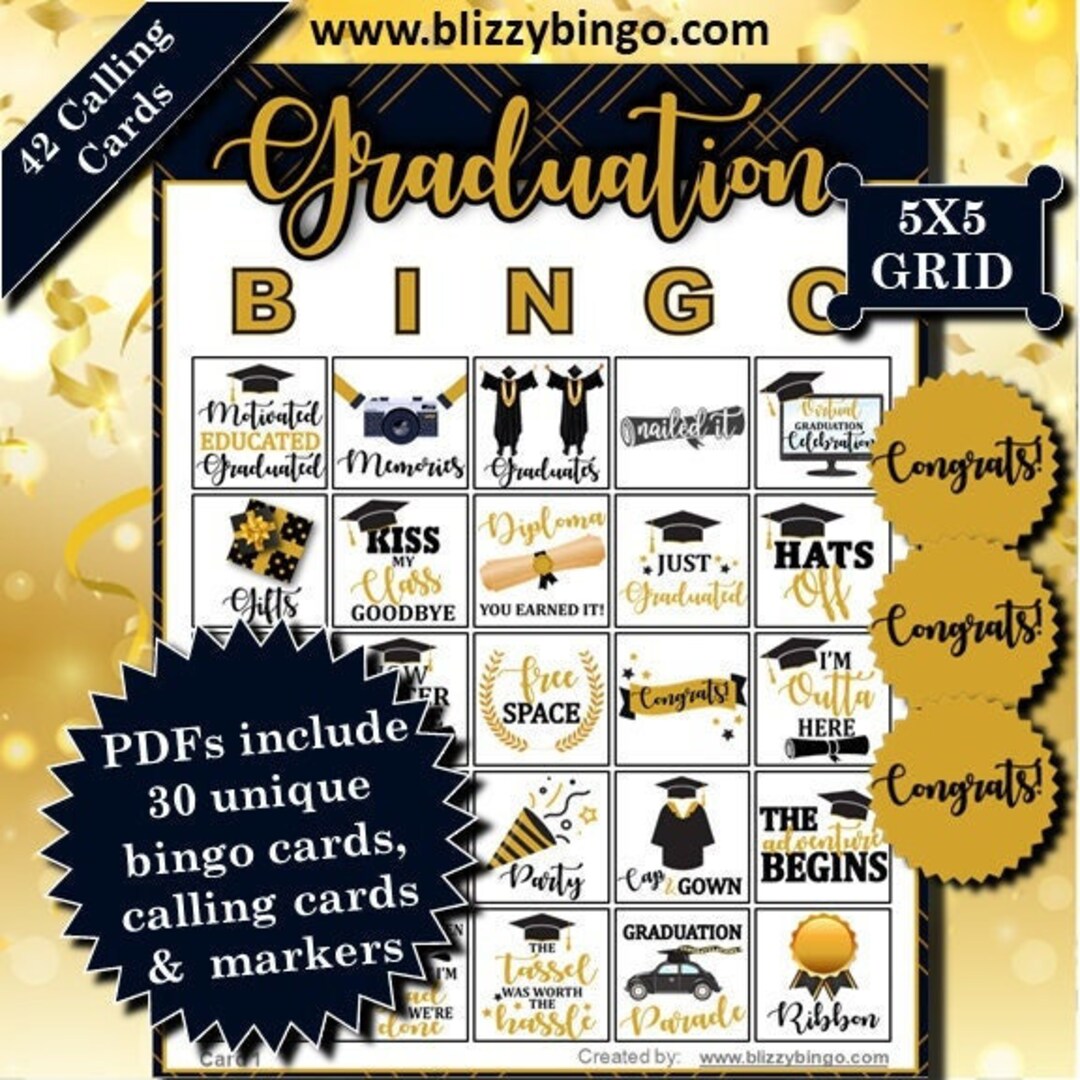 30 Black & Gold Graduation 5x5 Bingo Cards (no Year) | Instant Download ...