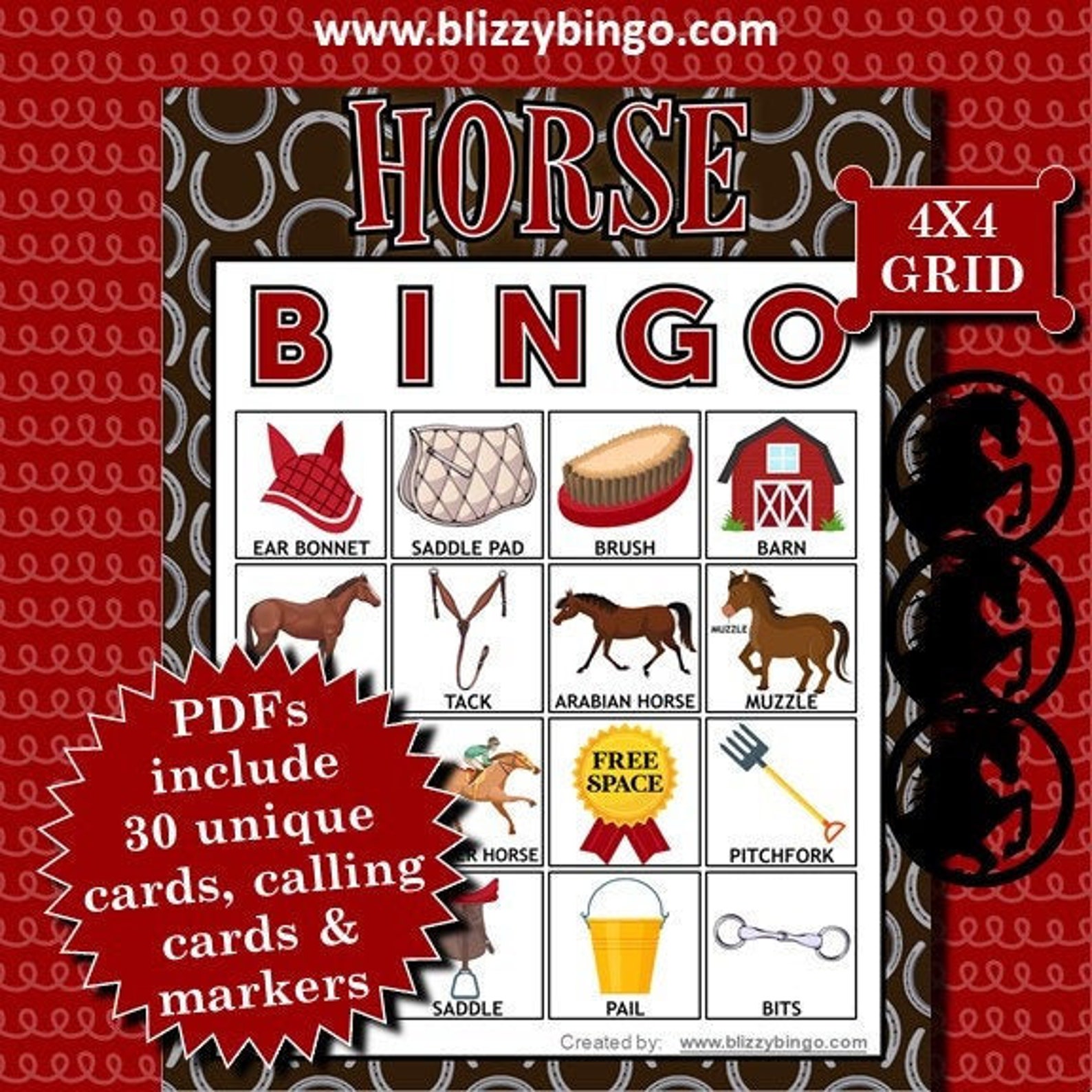 30 Horse 4x4 Bingo Cards horseshoe Instant Download PDF - Etsy