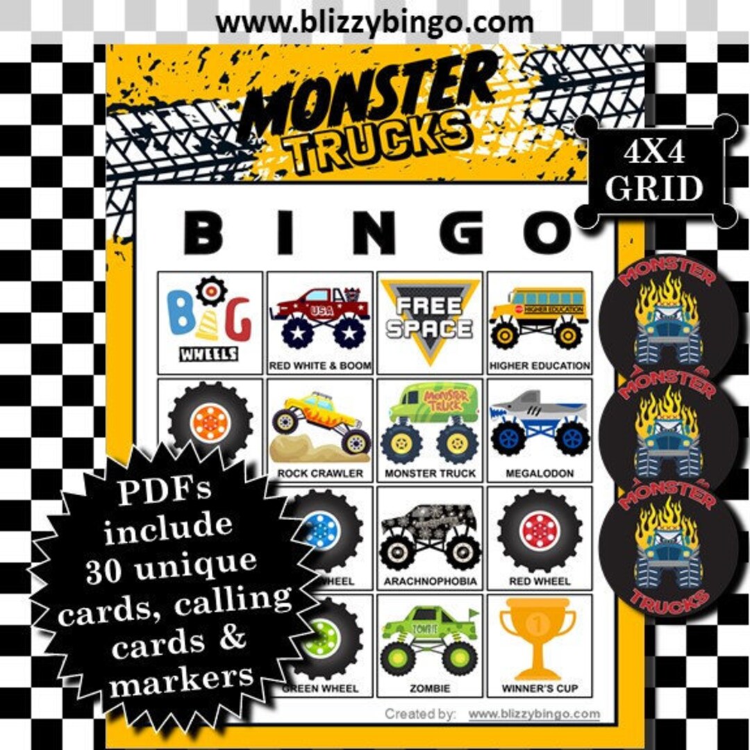 Monster Trucks 4x4 Bingo Printable Pdfs Contain Everything You Need to ...