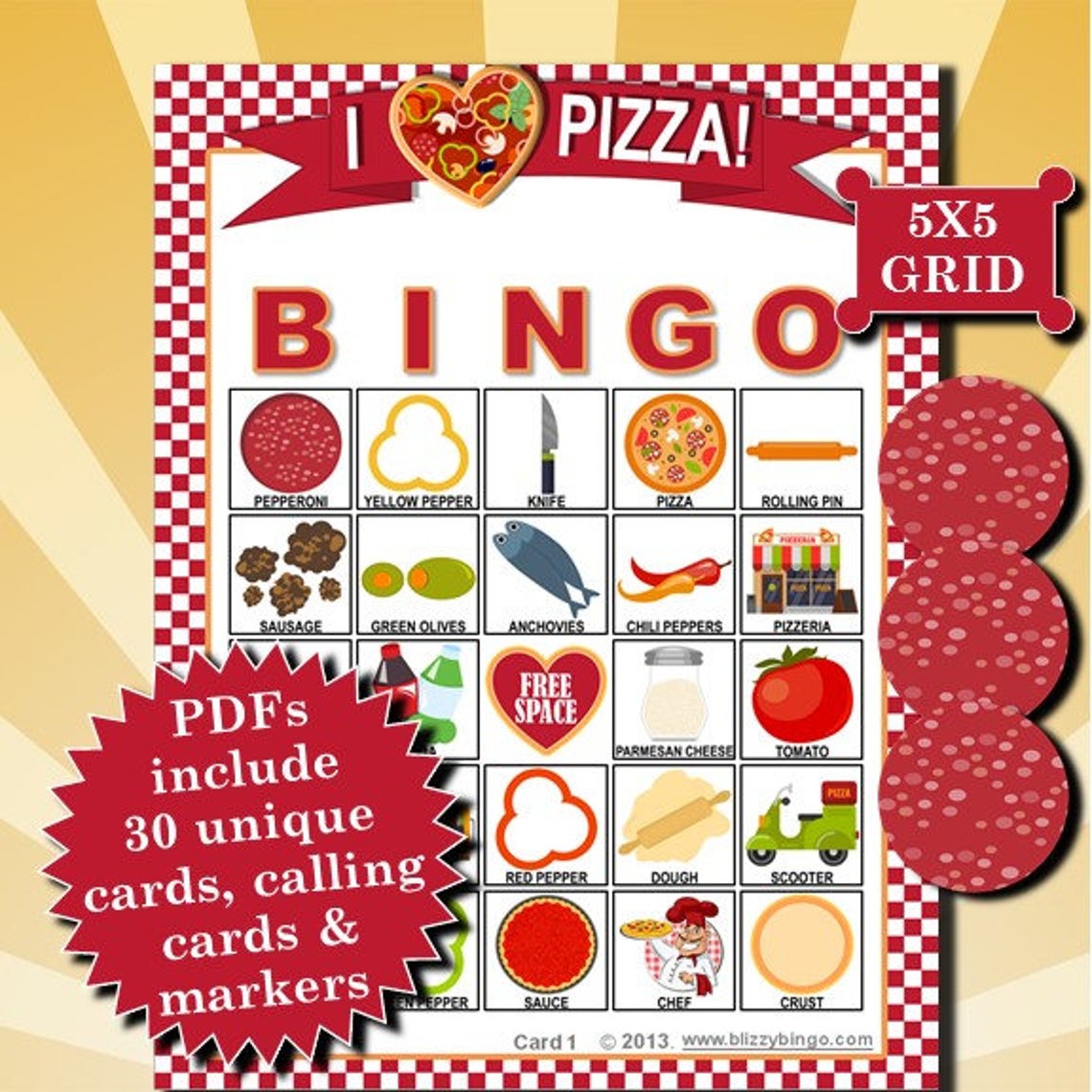 Pizza Party 5x5 Bingo Printable Pdfs Contain Everything You - Etsy