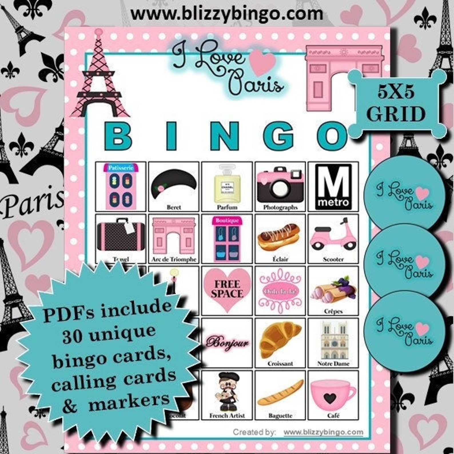 30 I LOVE PARIS 5x5 Bingo Cards Instant Download Pdfs for - Etsy
