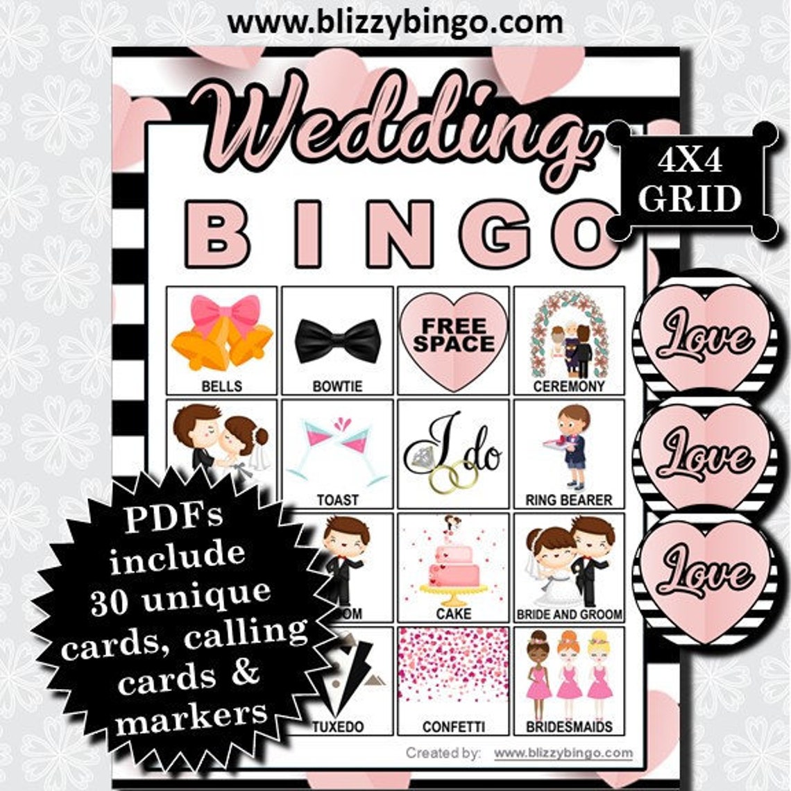 30 Wedding 4x4 Bingo Cards pink Instant Download Pdfs - Etsy