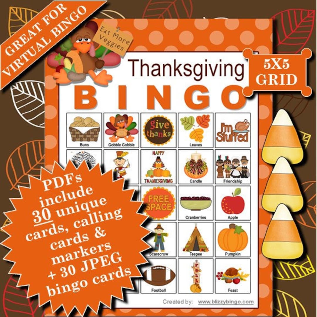 Thanksgiving 5x5 Bingo 30 Printable Pdfs (+ 30 JPEGS Great for Virtual ...