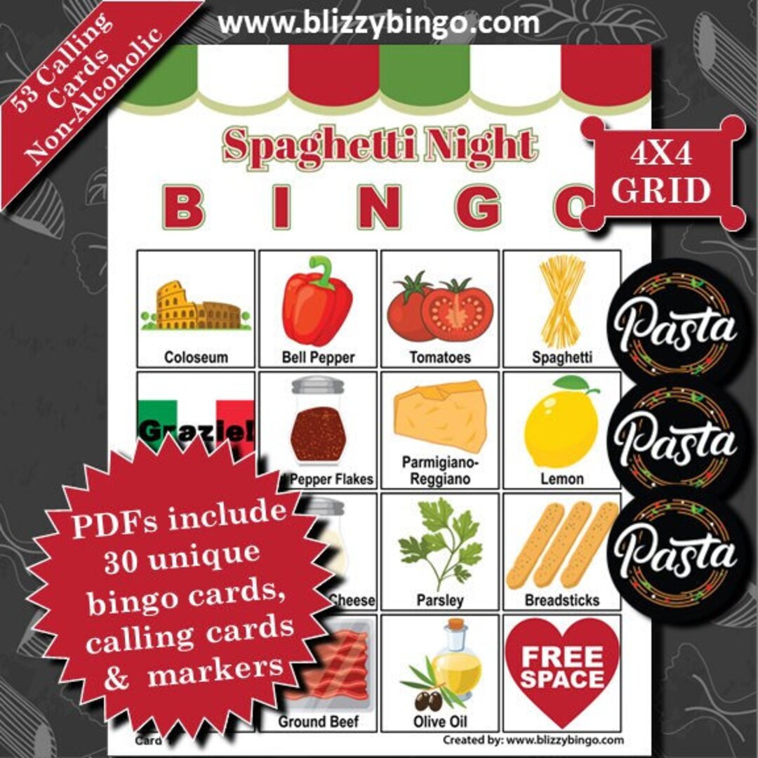 30 Spaghetti 4x4 Bingo Cards | Instant Download | Pdfs for Easy ...