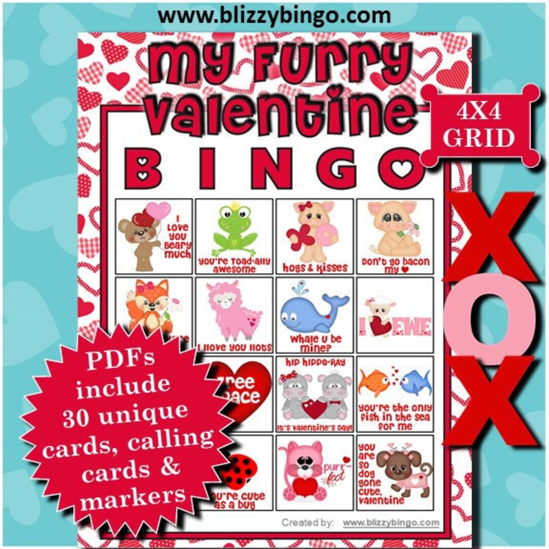 My Furry Valentine 4x4 Bingo Printable Pdfs Contain Everything You Need ...