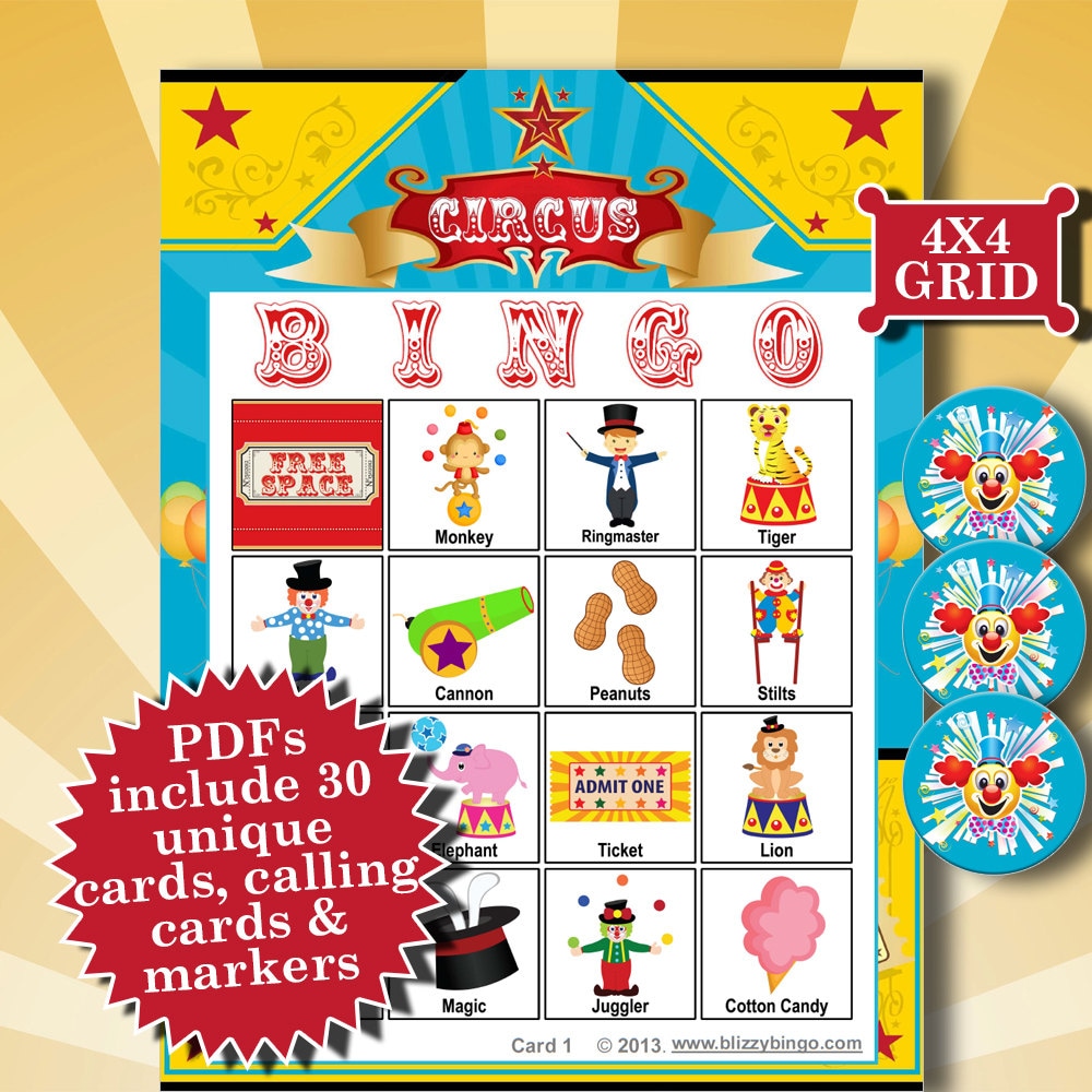 Circus 4x4 Bingo Printable Pdfs Contain Everything You Need to Play ...