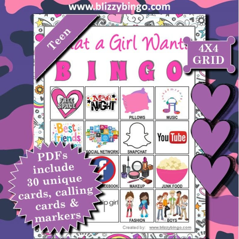 What a Girl Wants teenager 4x4 Bingo Printable Pdfs Contain - Etsy