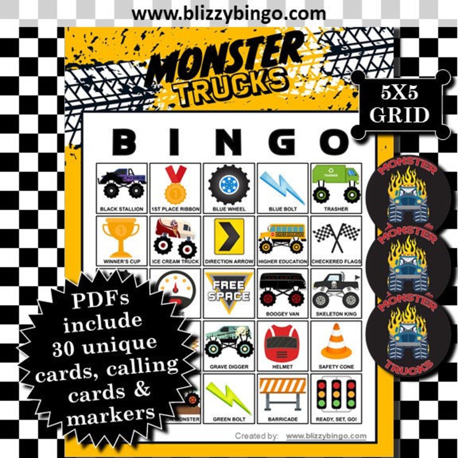 Monster Trucks 5x5 Bingo Printable Pdfs Contain Everything You Need to ...