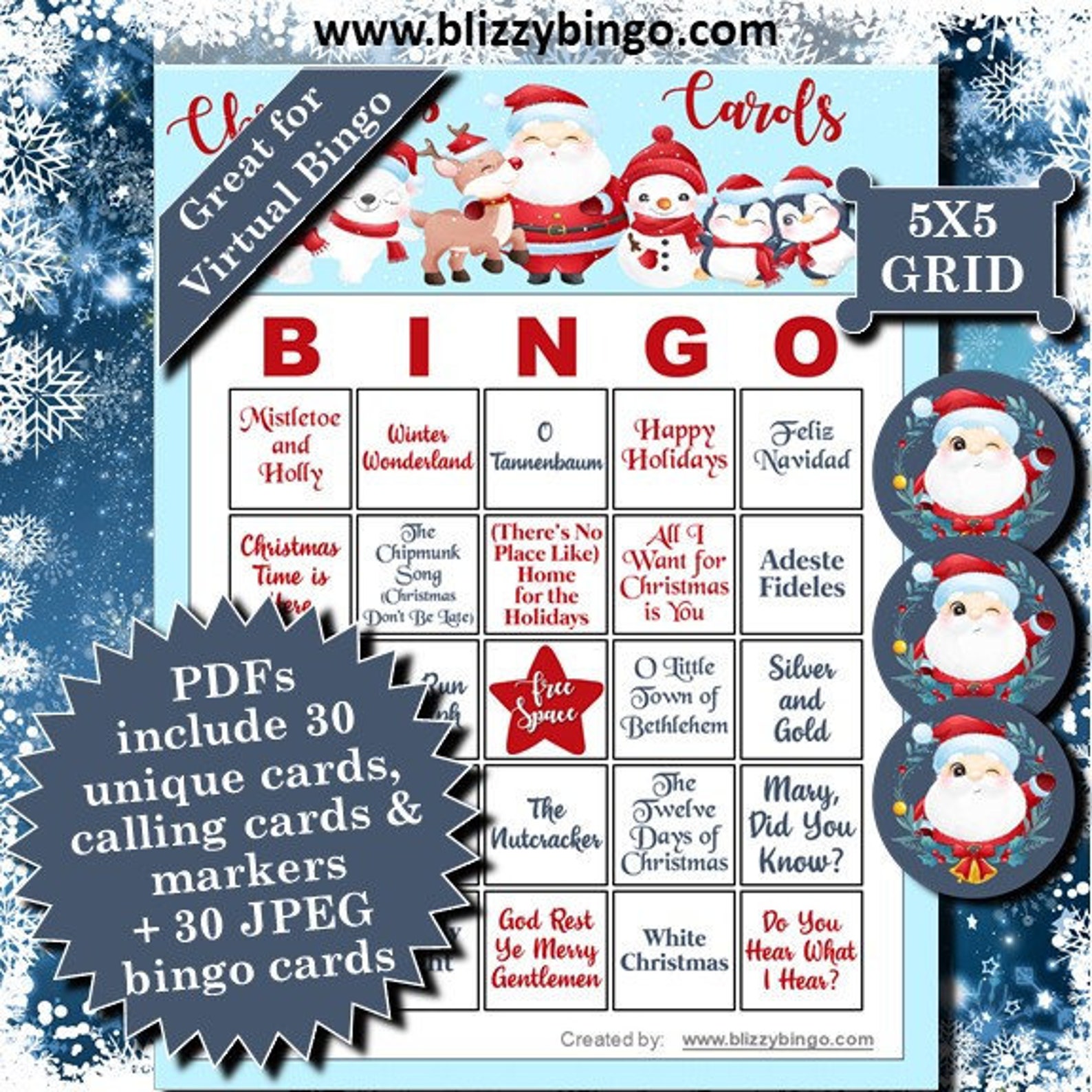 Christmas Carols 5x5 Bingo Printable Pdfs & Jpegs Contain Everything ...
