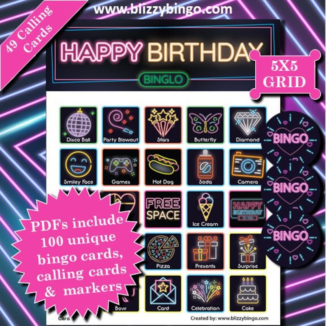 100 Neon Birthday 5x5 Bingo Cards | Instant Download | Pdfs for Easy ...