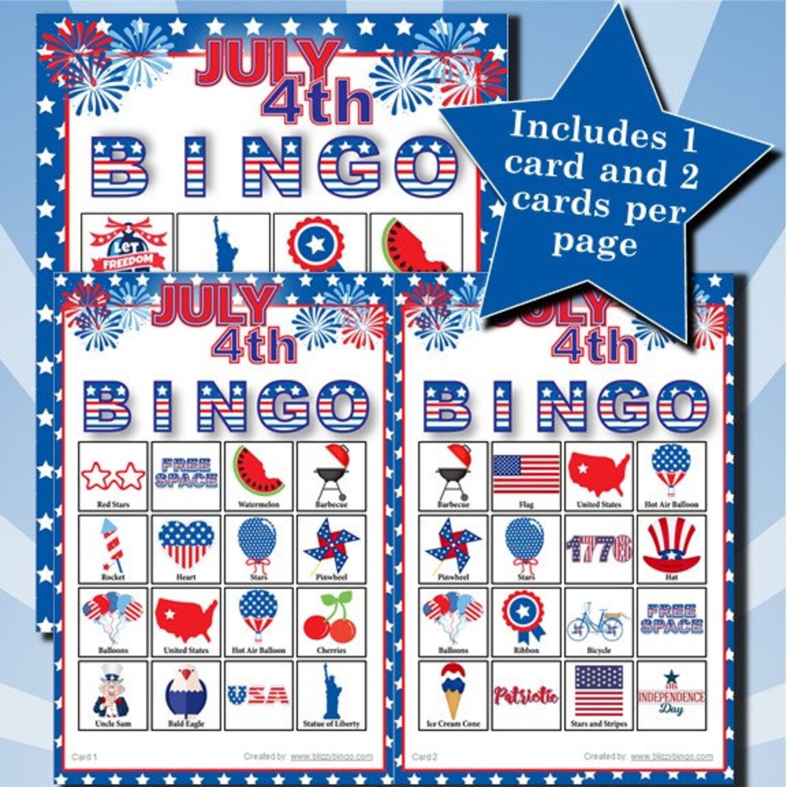 JULY 4TH 4x4 Bingo Printable Pdfs Contain Everything You Need - Etsy