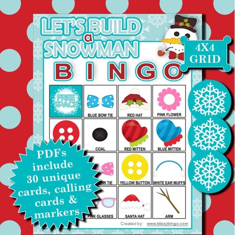 Let's Build a Snowman 4x4 Bingo printable PDFs contain | Etsy