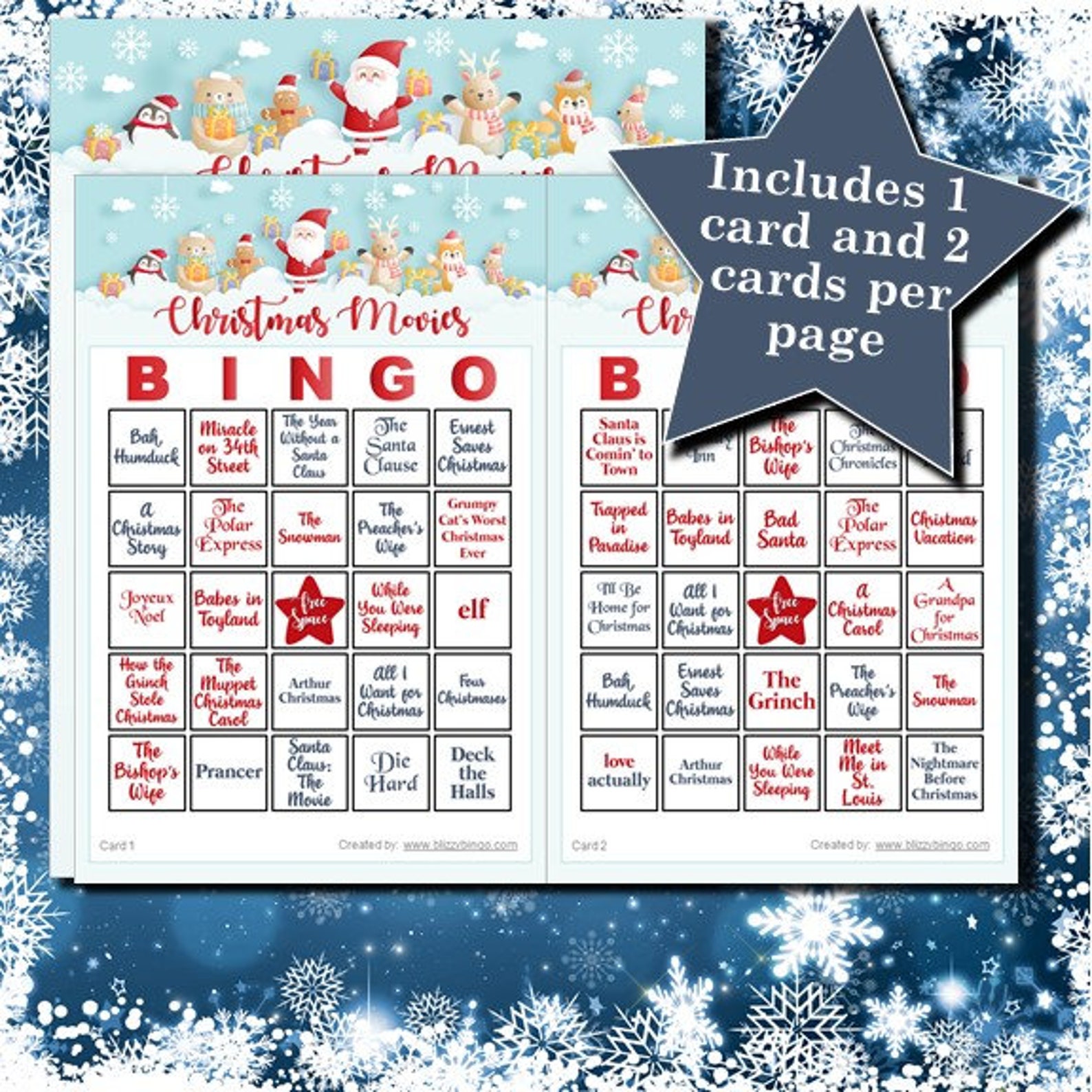 Christmas Movies 5x5 Bingo Printable Pdfs & Jpegs Contain - Etsy