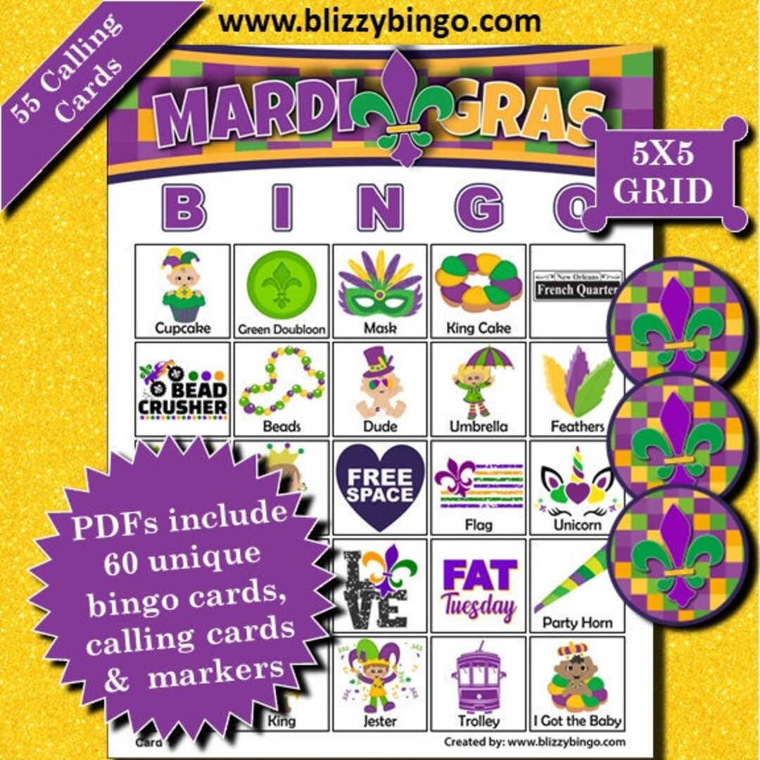 60 Mardi Gras 5x5 Bingo Cards | Instant Download | Pdfs for Easy ...
