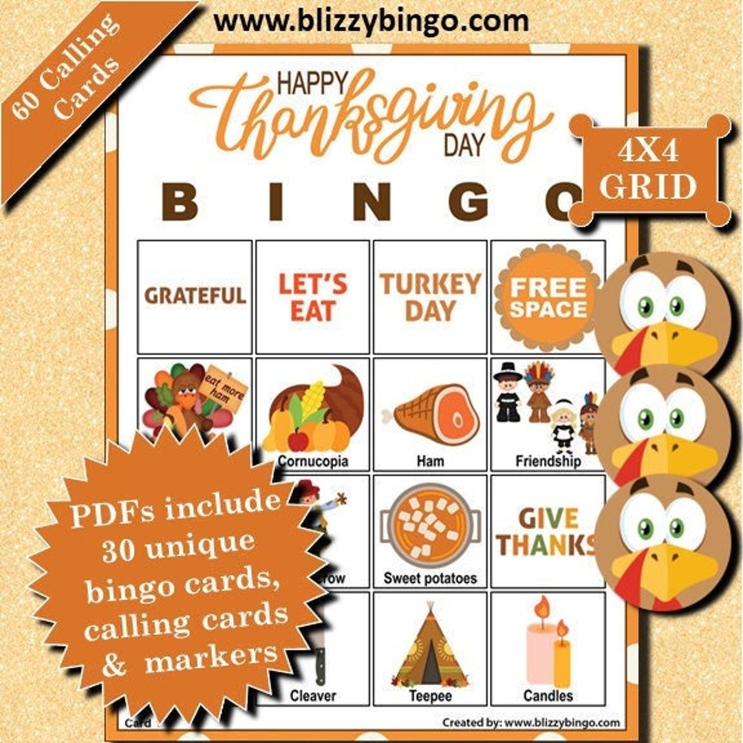 30 Thanksgiving 4x4 Bingo Cards | Instant Download | Pdfs for Easy ...