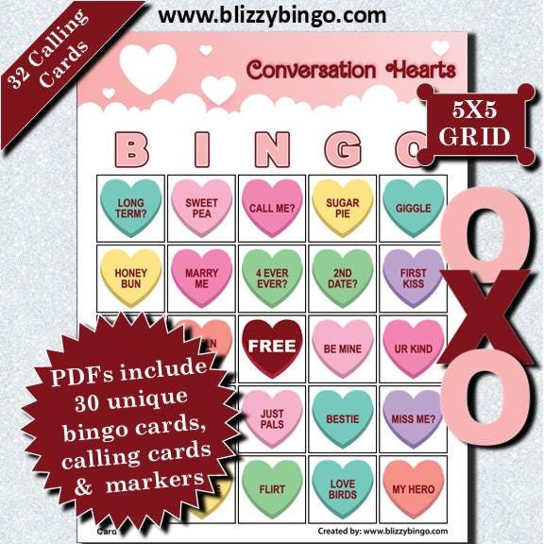 30 Valentine's Day Conversation Hearts 5x5 Bingo Cards | Instant ...