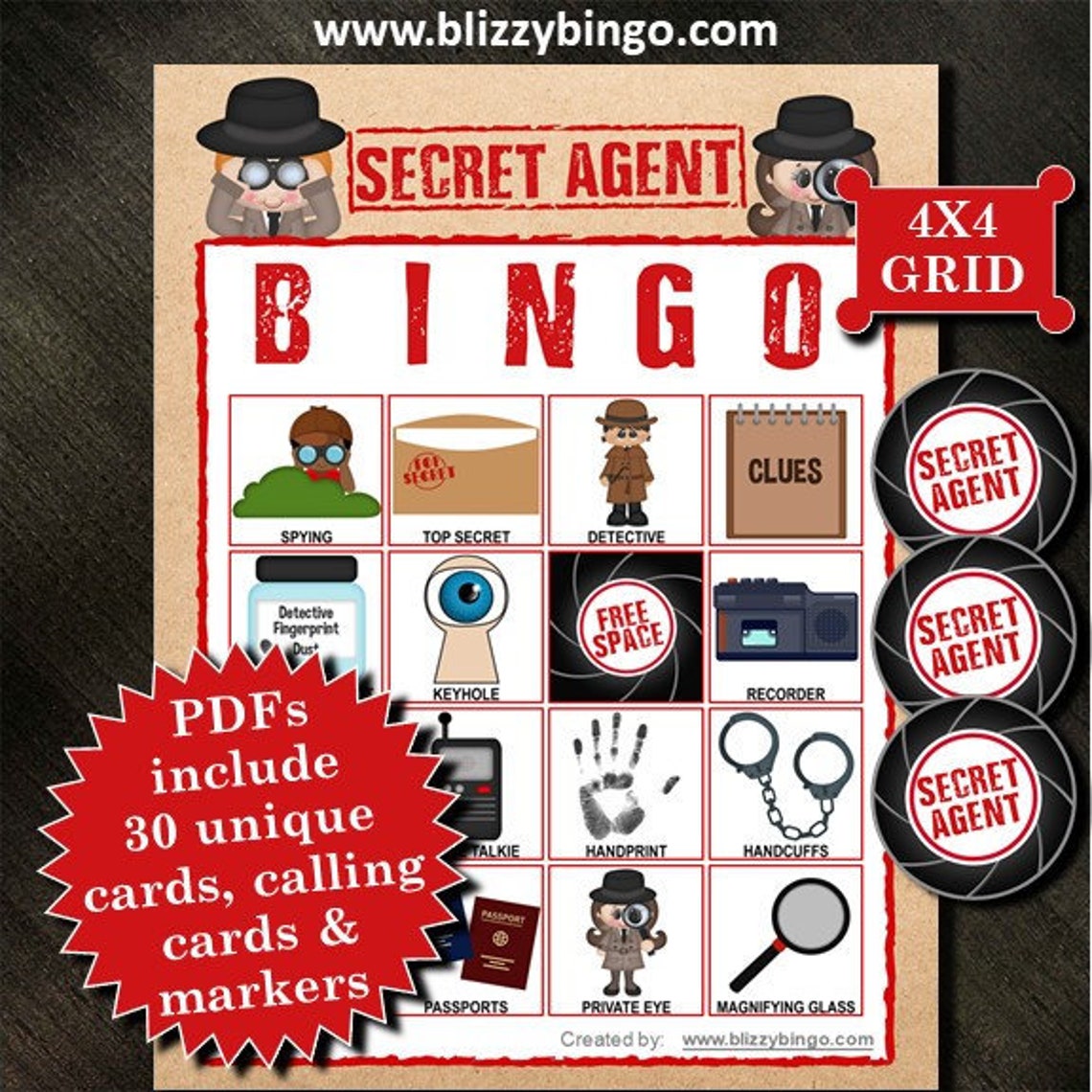 Secret Agent 4x4 Bingo Printable Pdfs Contain Everything You - Etsy