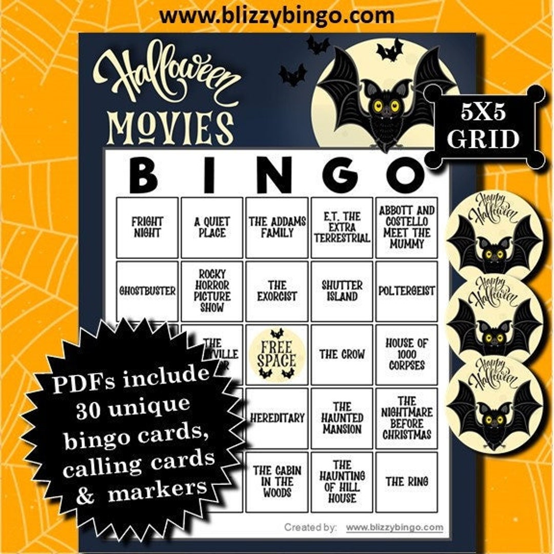 30 Halloween Movies 5x5 Bingo Cards Instant Download Pdfs for Easy ...