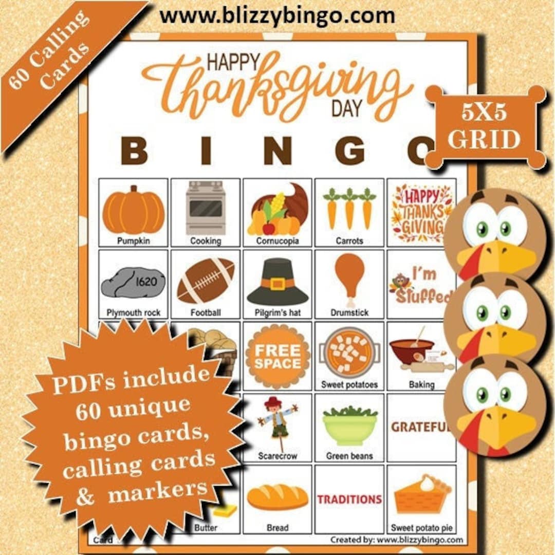 60 Thanksgiving 5x5 Bingo Cards | Instant Download | Pdfs for Easy ...