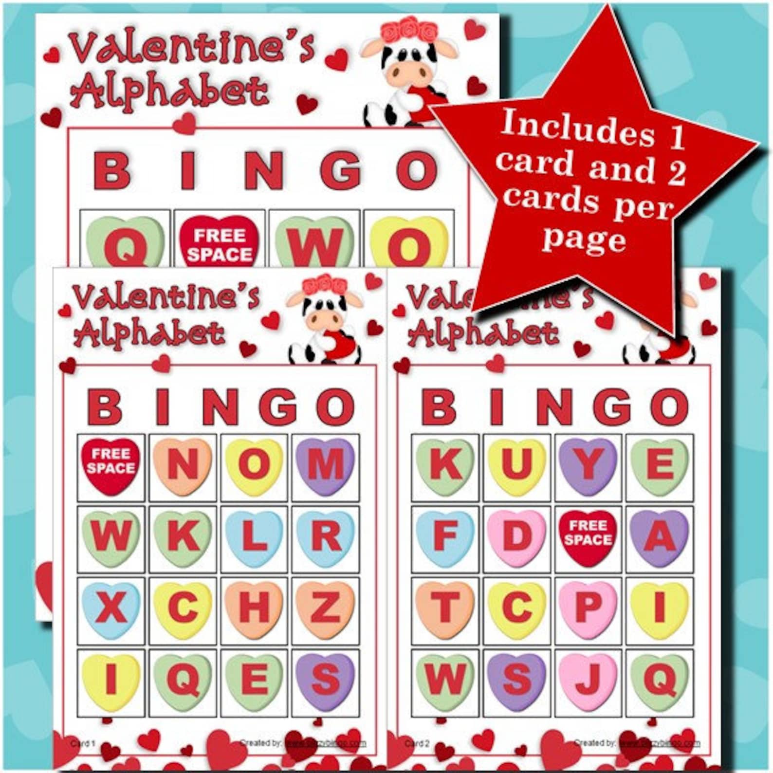Valentine's Alphabet 4x4 Bingo Printable Pdfs Contain - Etsy