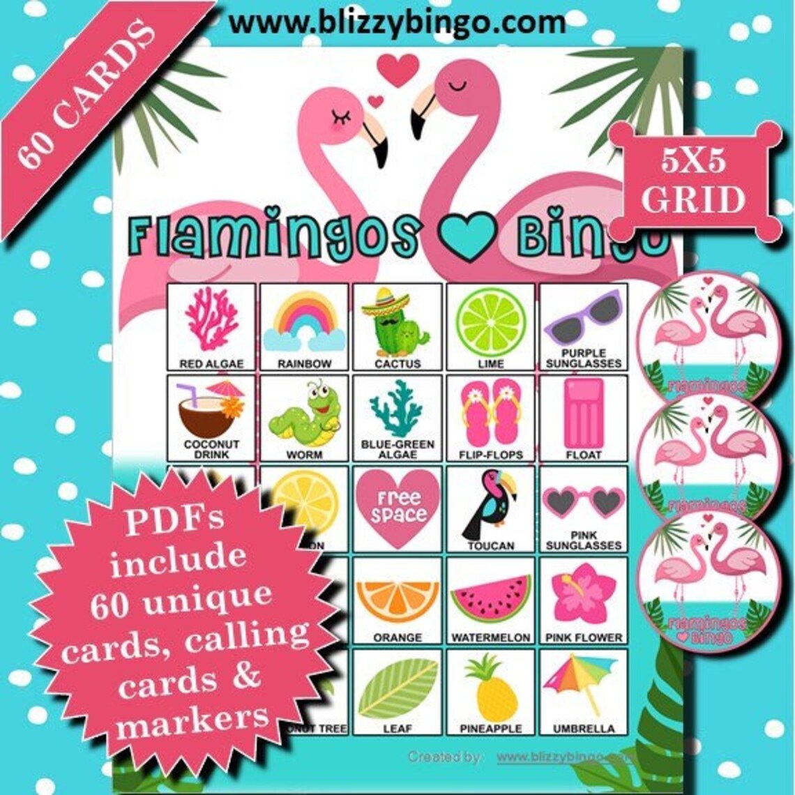 60 Flamingos Love Bingo 5x5 Bingo Cards Instant Download | Etsy