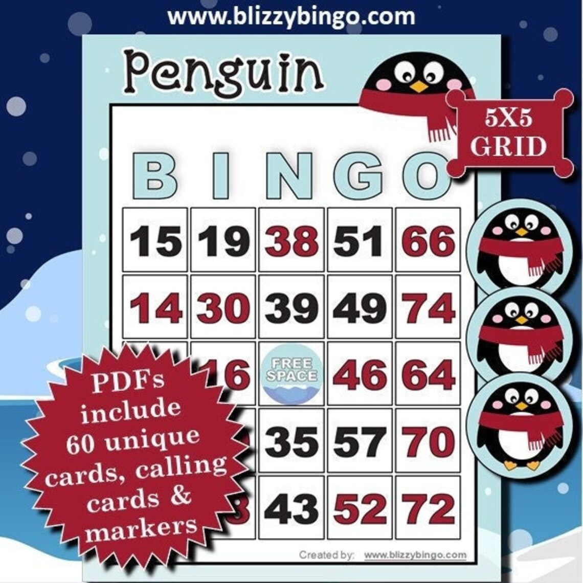 60 Penguin 5x5 Bingo Cards Instant Download Pdfs for Easy - Etsy