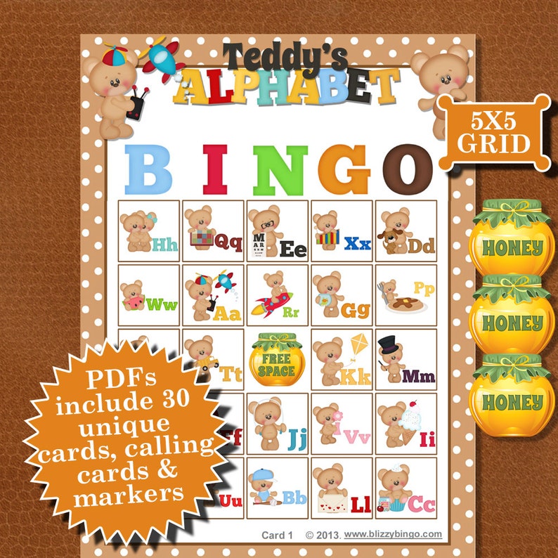 TEDDY'S ALPHABET 5x5 Bingo printable PDFs contain | Etsy
