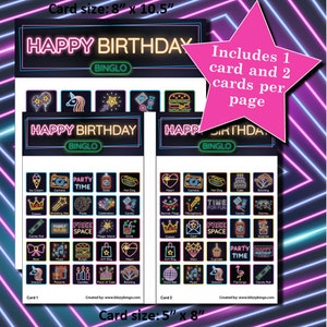 60 Neon Birthday 5x5 Bingo Cards | Instant Download | Pdfs for Easy ...
