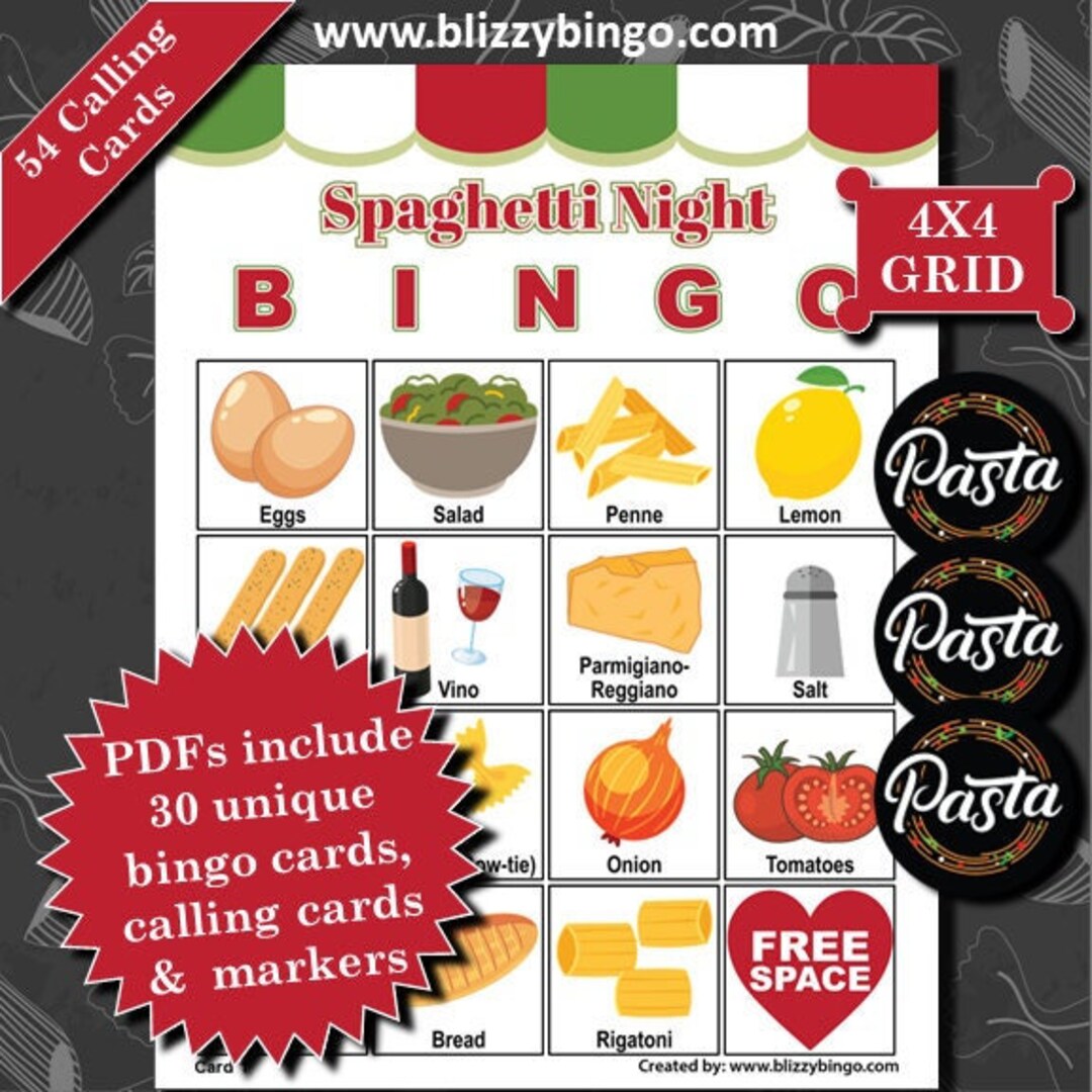 30 Spaghetti 4x4 Bingo Cards | Instant Download | Pdfs for Easy ...