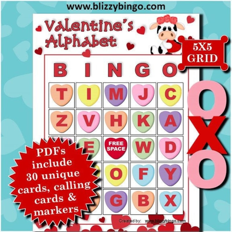 Valentine's Alphabet 5x5 Bingo Printable Pdfs Contain - Etsy