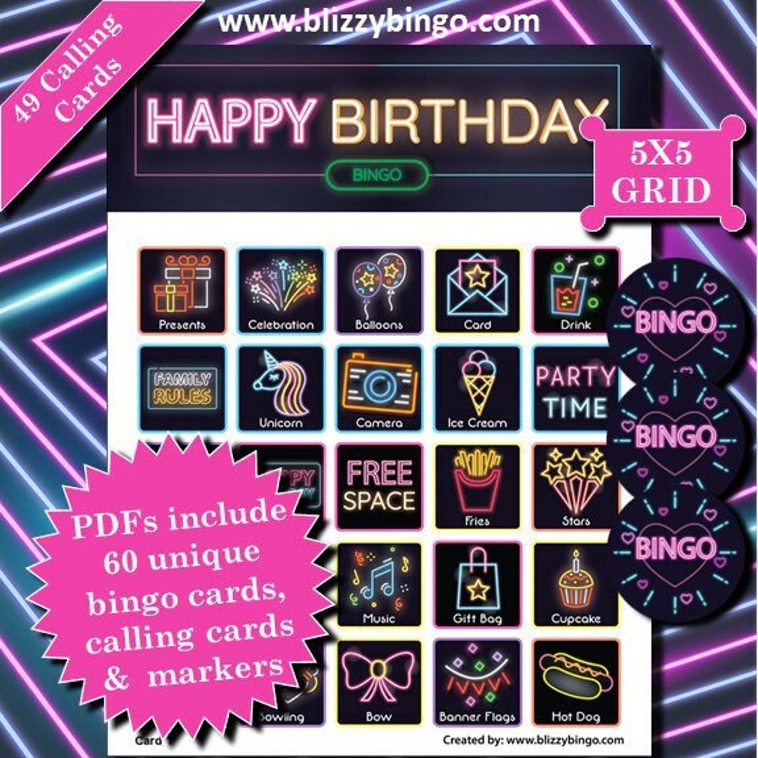 60 Neon Birthday 5x5 Bingo Cards Instant Download Pdfs for - Etsy