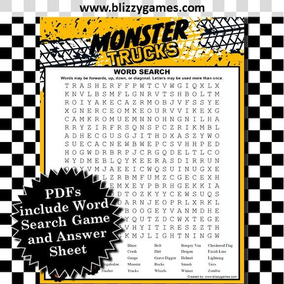 Monster Trucks Word Search Printable Pdfs | Etsy