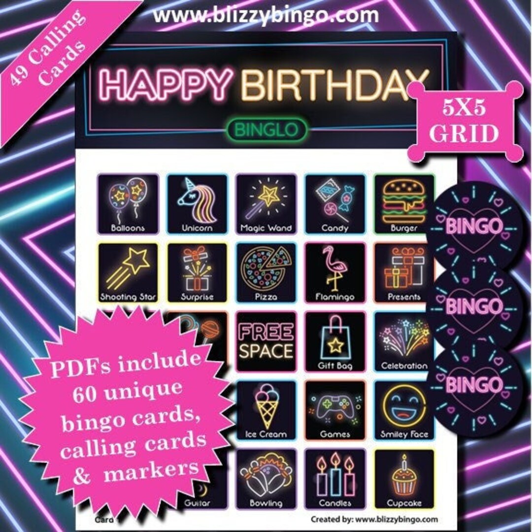60 Neon Birthday 5x5 Bingo Cards | Instant Download | Pdfs for Easy ...
