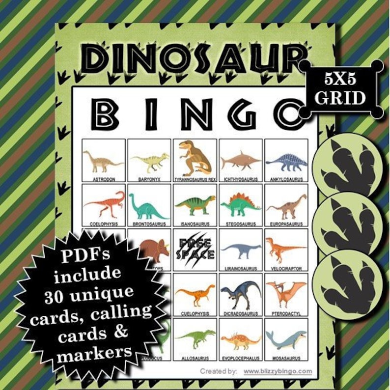 Dinosaur 5X5 Bingo Printable Pdfs Contain Everything You Need | Etsy