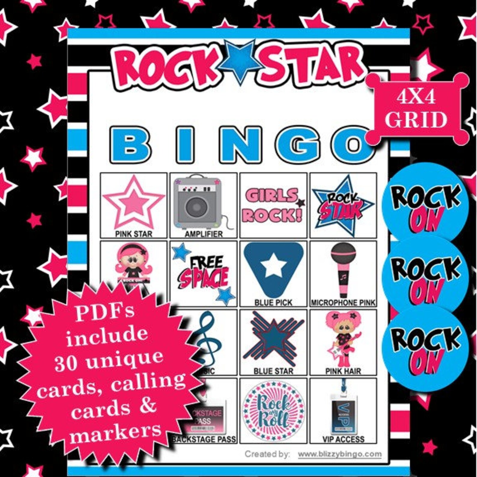 Rock Star 4x4 Bingo Printable Pdfs Contain Everything You Need - Etsy ...