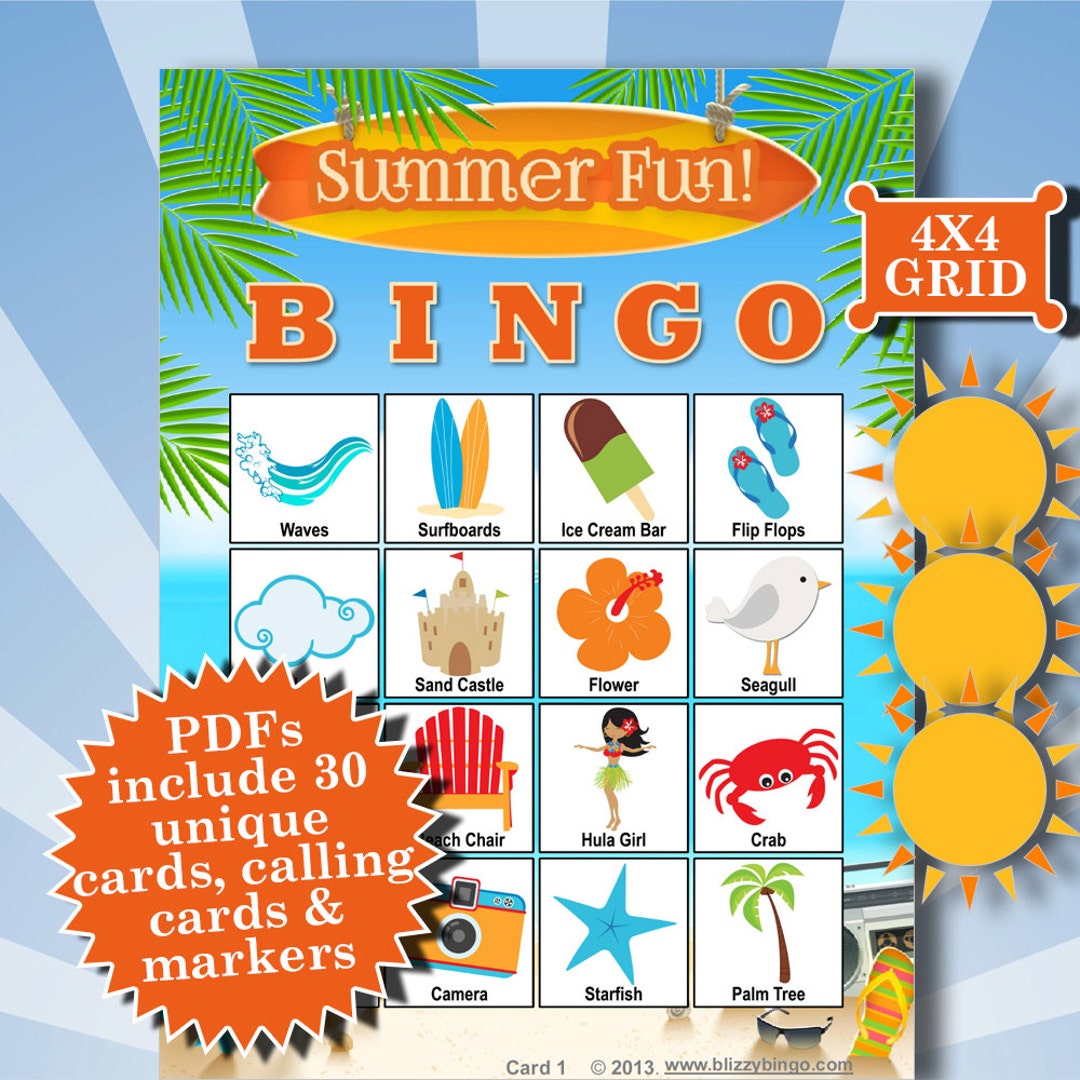 SUMMER FUN 4x4 Bingo Printable Pdfs Contain Everything You Need to Play ...