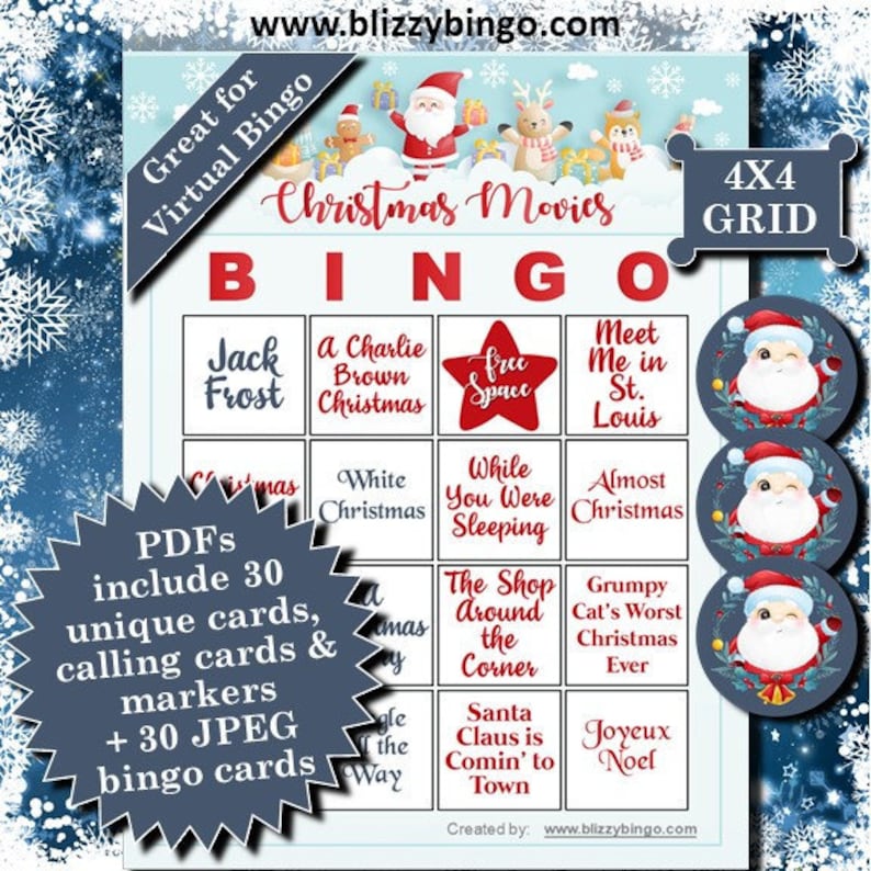 Christmas Movies 4x4 Bingo printable PDFs & JPEGs contain | Etsy
