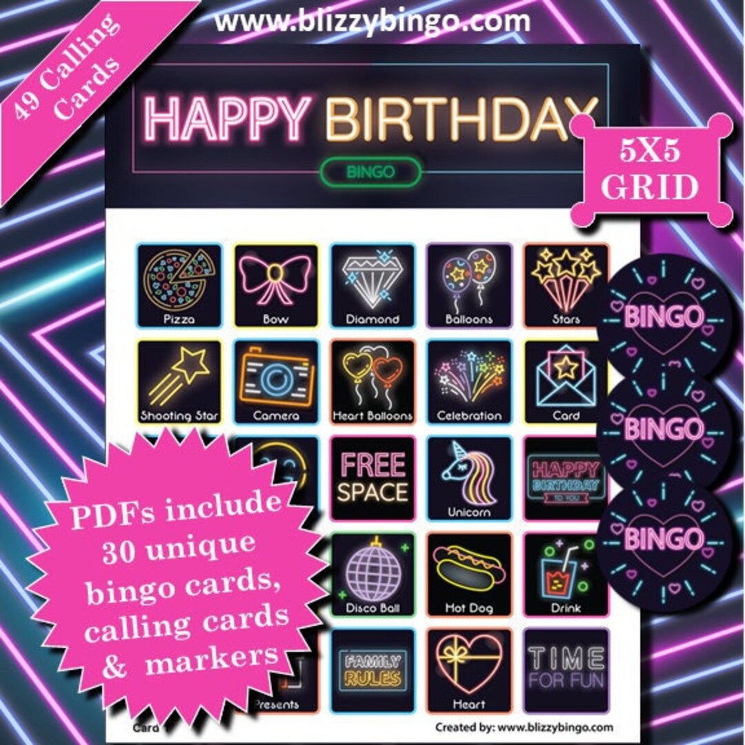 30 Neon Birthday 5x5 Bingo Cards Instant Download Pdfs for Easy ...