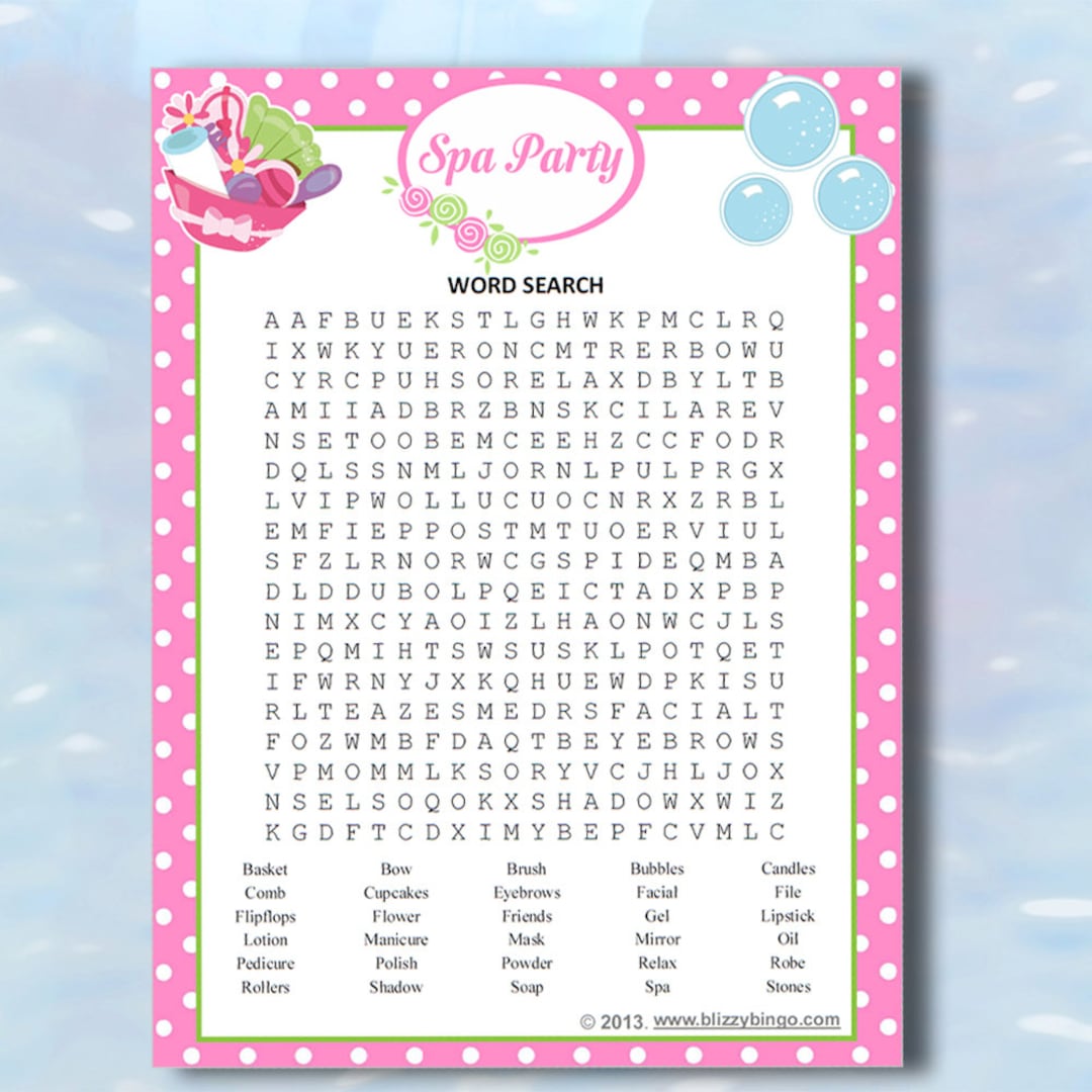 Spa Party Word Search Printable Pdfs - Etsy