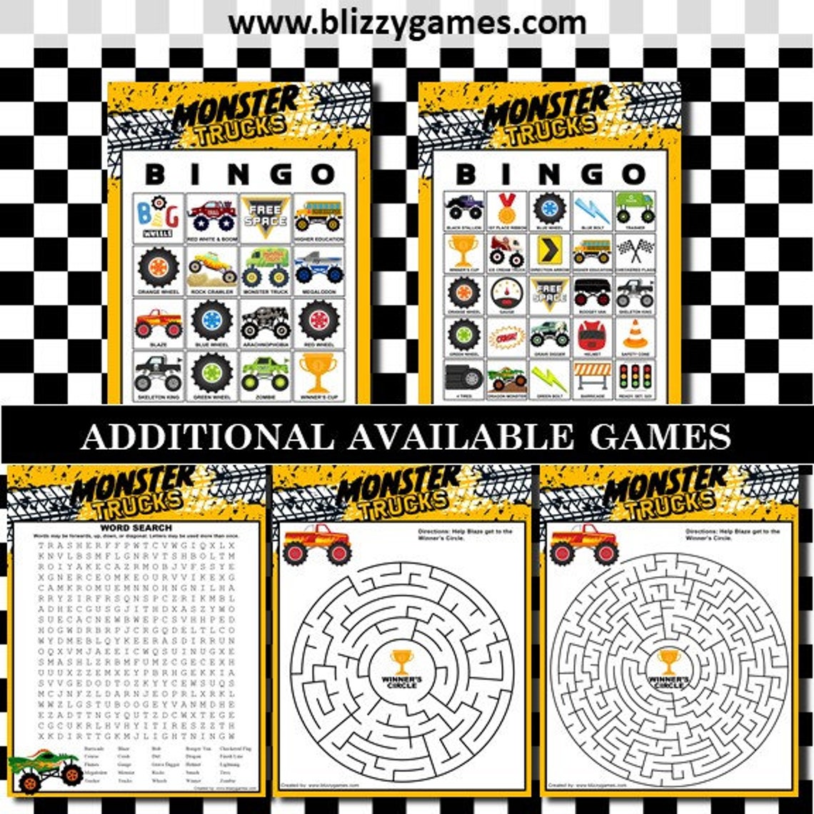 Monster Trucks 4x4 Bingo Printable Pdfs Contain Everything You - Etsy