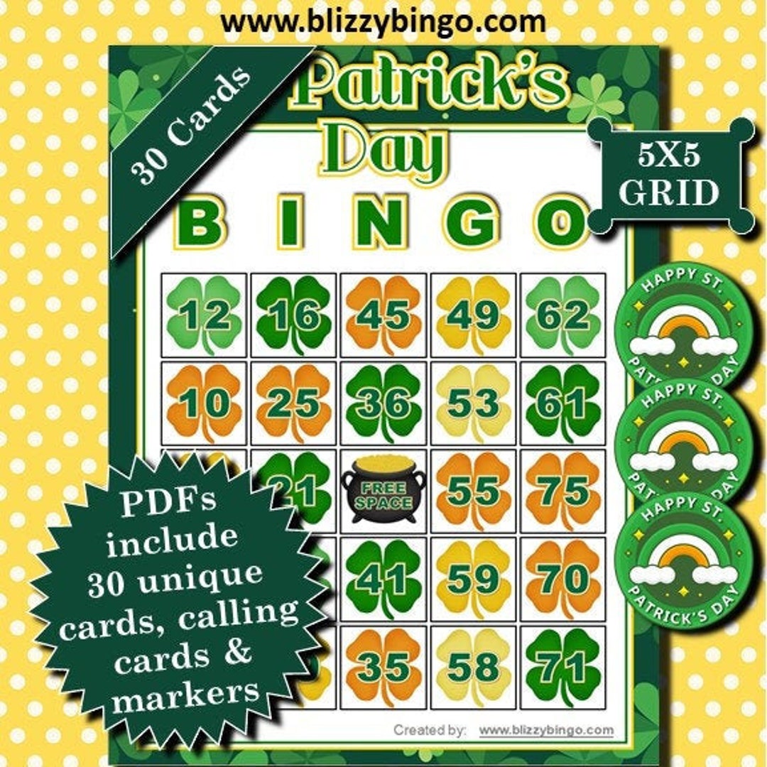 St. Patrick's Day Classic (75 Numbers) 5x5 Bingo (30 Cards) Printable ...