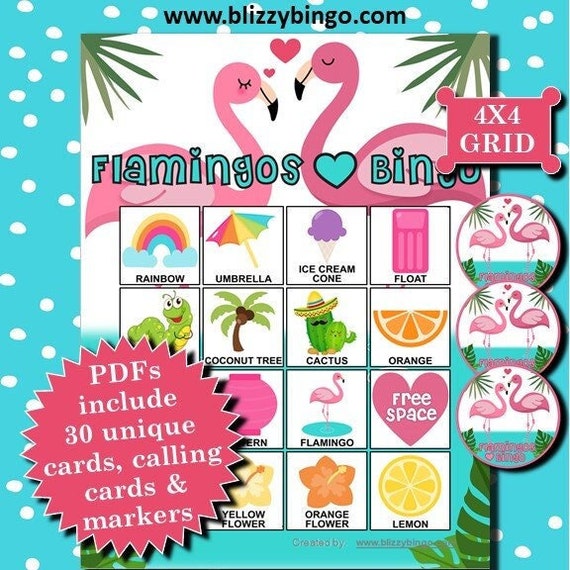 30 Flamingos Love Bingo 4x4 Bingo Cards Instant Download - Etsy