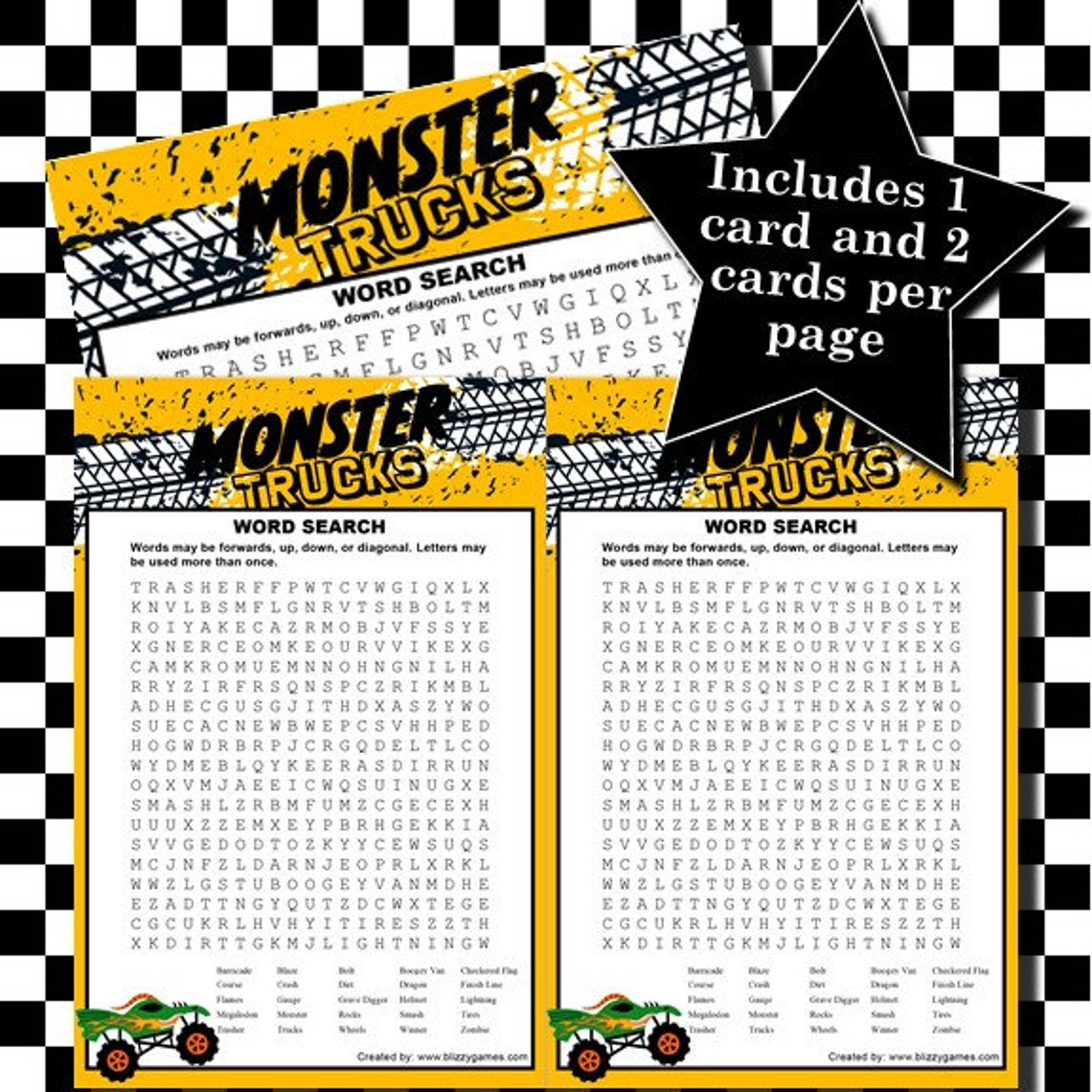 Monster Trucks Word Search Printable Pdfs | Etsy