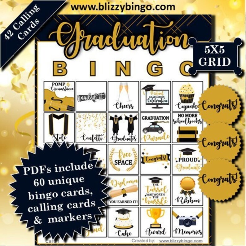 60 Black & Gold Graduation 5x5 Bingo Cards (no Year) | Instant Download ...
