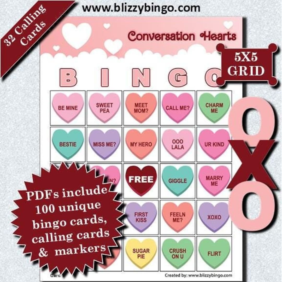 100 Valentine's Day Conversation Hearts 5x5 Bingo Cards | Instant ...