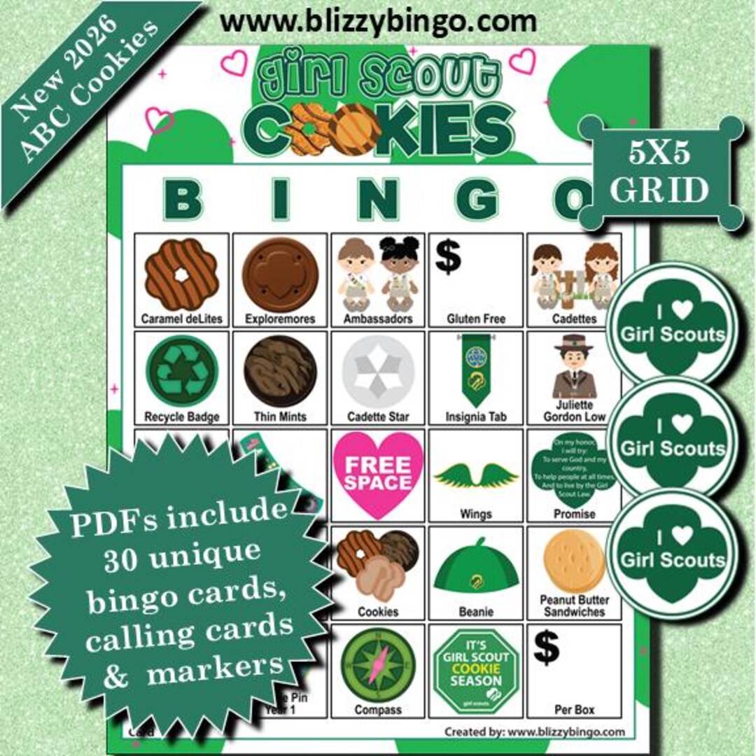 Girl Scout Cookies Bingo – 30 Cards Printable Game (ABC Bakers, 5×5 ...