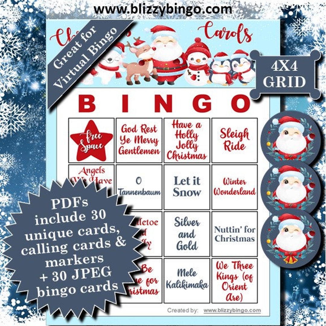 Christmas Carols 4x4 Bingo Printable Pdfs & Jpegs Contain Everything ...