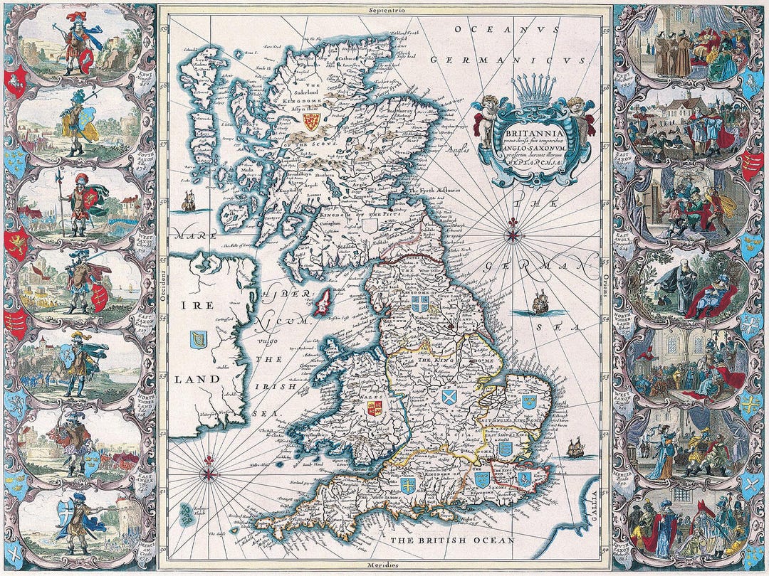 England Map Print UK Map Vintage Old Maps Antique Map Poster Map Wall ...