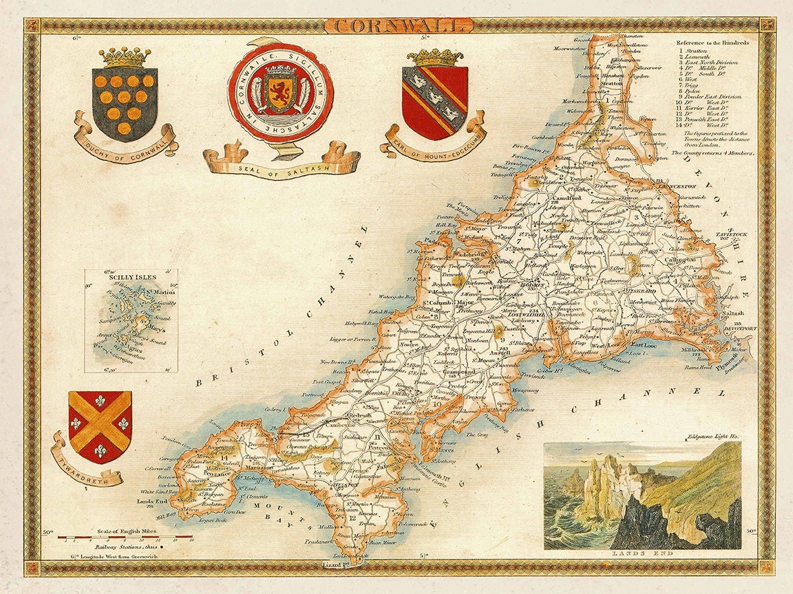 Cornwall Map Print Map Vintage Old Maps Antique Prints Poster | Etsy
