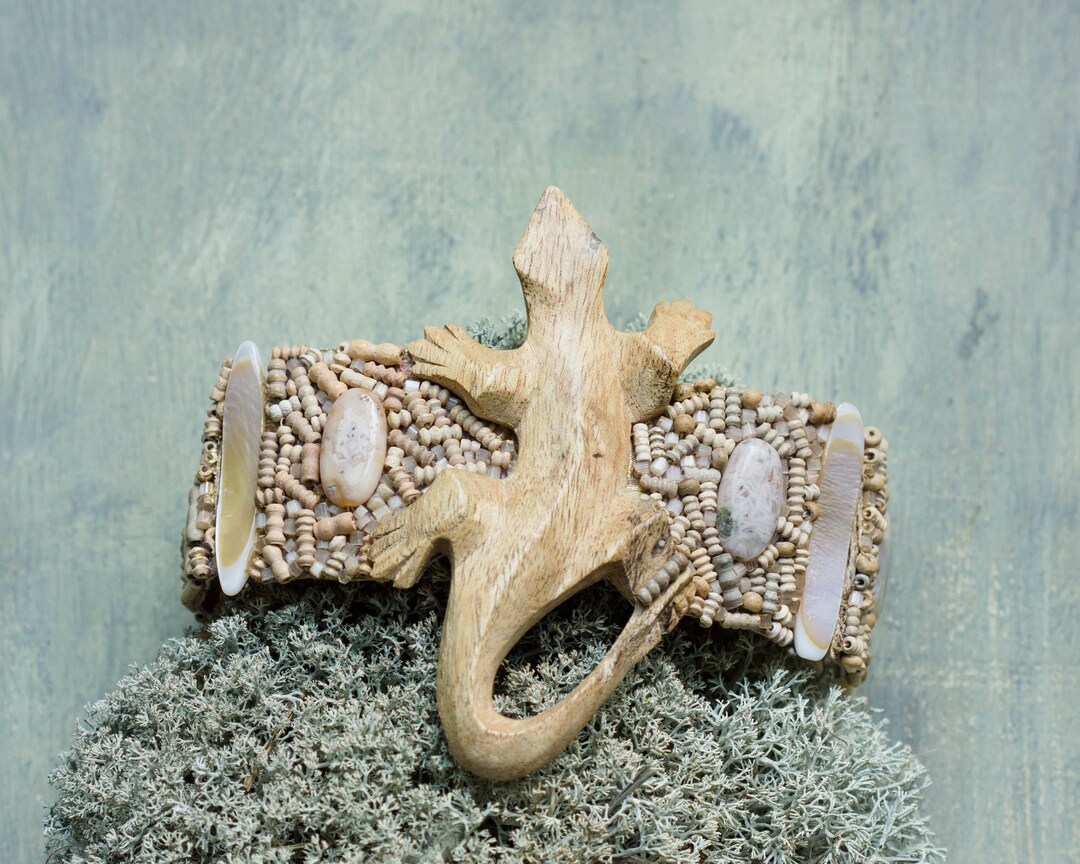 Wooden Lizard Bracelet, Wide Cuff Bracelets for Women, Embroidered ...